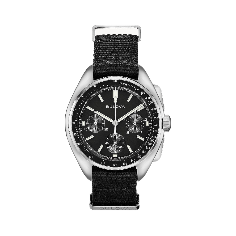 Bulova 96A225 Lunar Pilot Chronograph Black Dial on Black Polyester ...